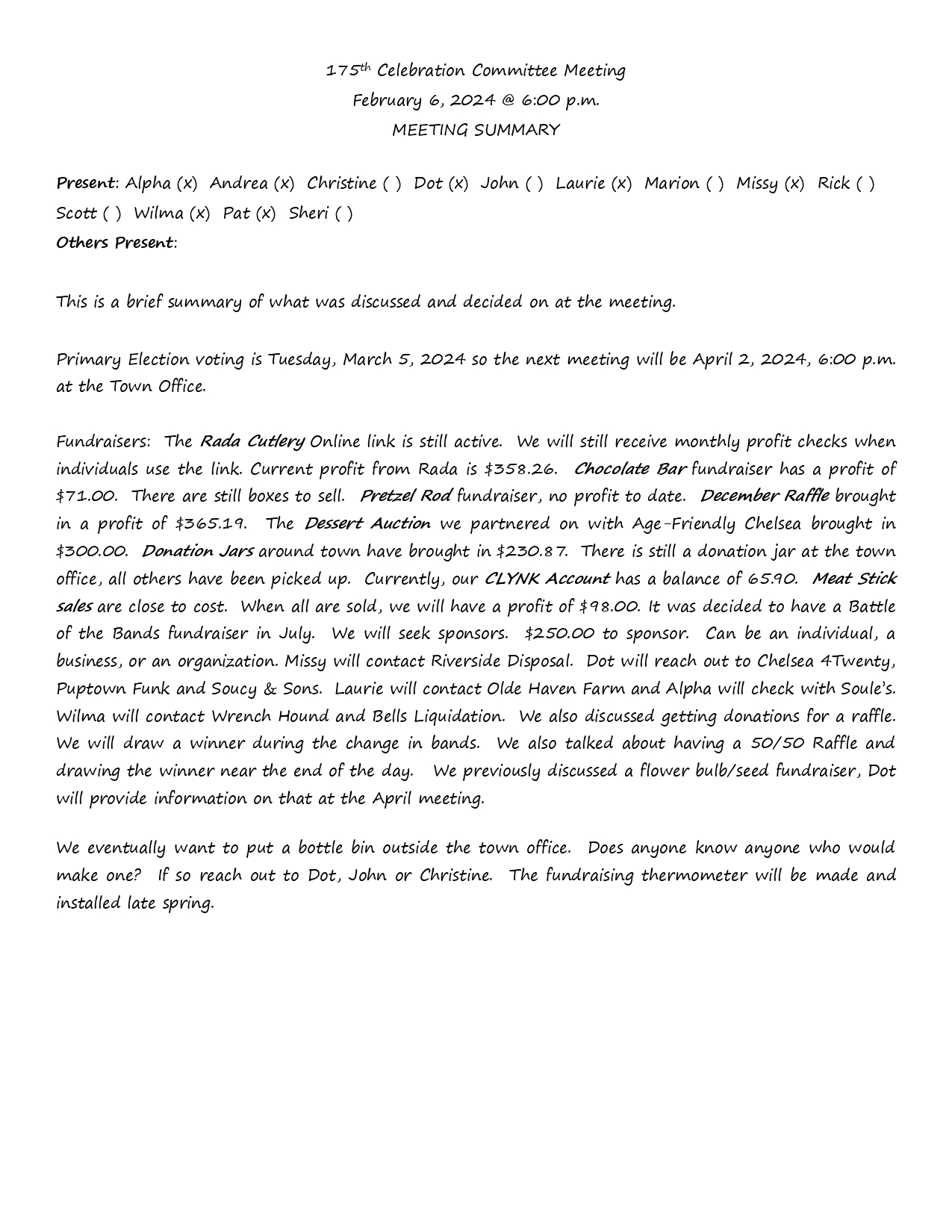 Meeting Summary – Town of Chelsea